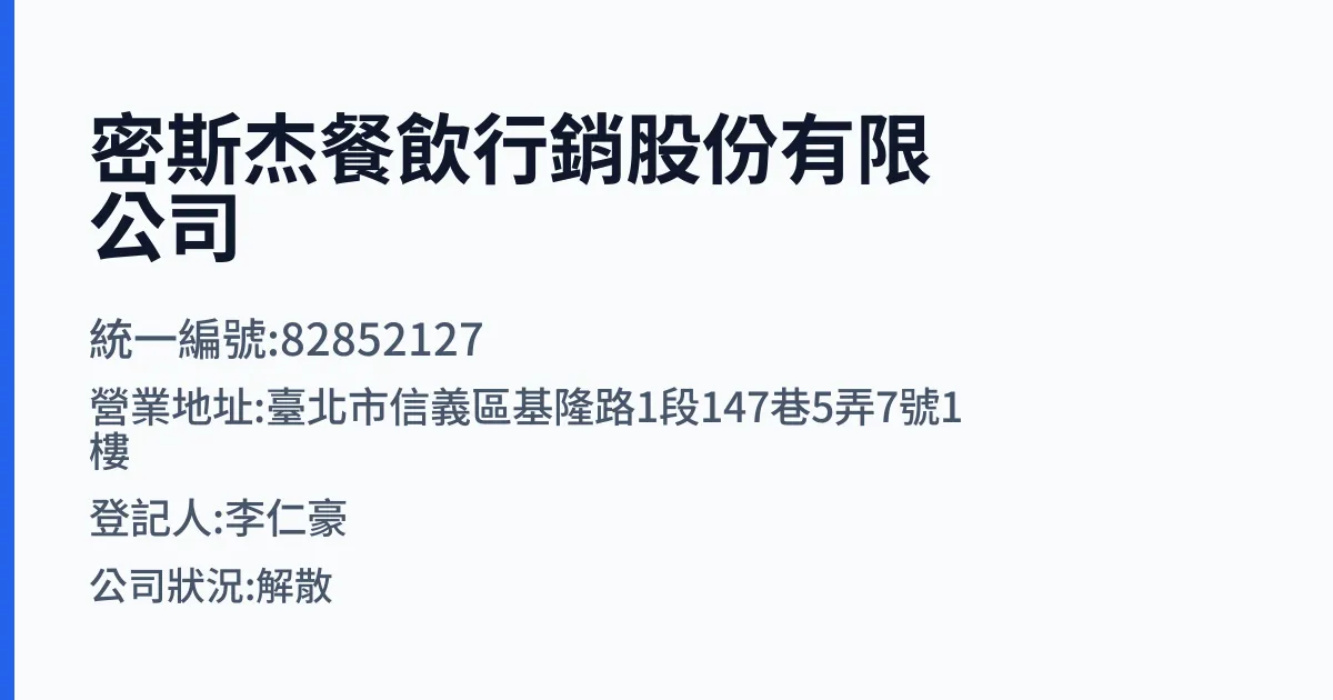 密斯杰餐飲行銷股份有限公司 - 統編 82852127(臺北市) 公司登記資料與營業項目詳細圖表