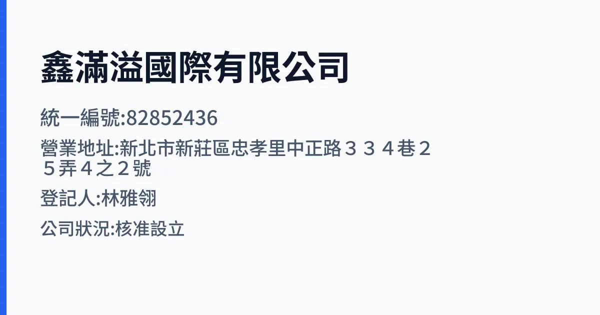 鑫滿溢國際有限公司 - 統編 82852436(新北市) 公司登記資料與營業項目詳細圖表