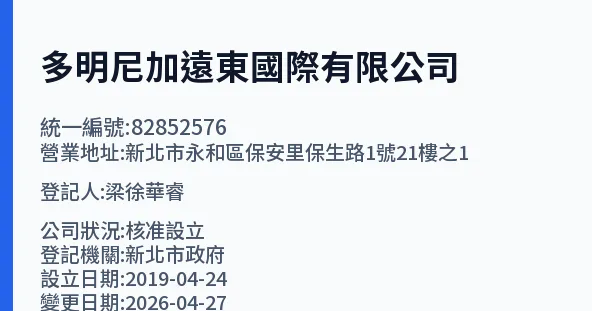 多明尼加遠東國際有限公司的照片-統編 82852576(新北市) 公司登記資料與營業項目詳細圖表