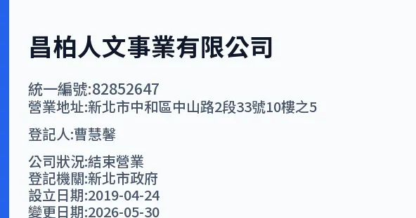 昌柏人文事業有限公司的照片-統編 82852647(新北市) 公司登記資料與營業項目詳細圖表