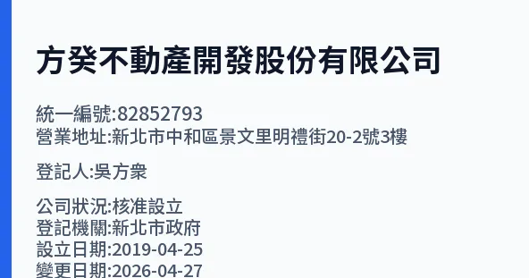 方癸不動產開發股份有限公司的照片-統編 82852793(新北市) 公司登記資料與營業項目詳細圖表
