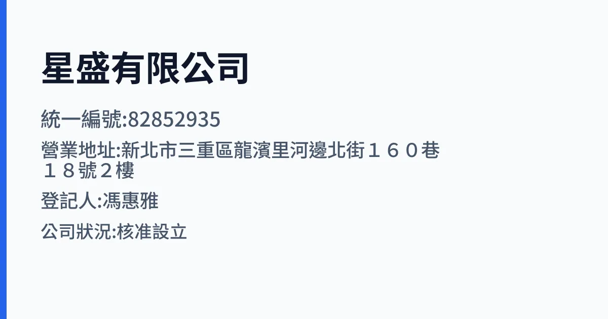 星盛有限公司 - 統編 82852935(新北市) 公司登記資料與營業項目詳細圖表