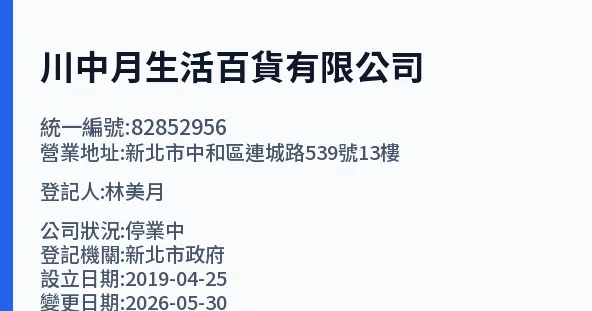 川中月生活百貨有限公司的照片-統編 82852956(新北市) 公司登記資料與營業項目詳細圖表