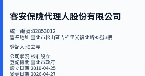 睿安保險代理人股份有限公司的照片-統編 82853012(臺北市) 公司登記資料與營業項目詳細圖表