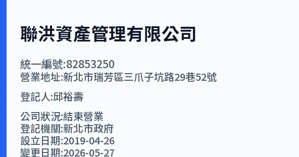 聯洪資產管理有限公司的照片-統編 82853250(新北市) 公司登記資料與營業項目詳細圖表