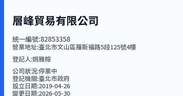 層峰貿易有限公司的照片-統編 82853358(臺北市) 公司登記資料與營業項目詳細圖表