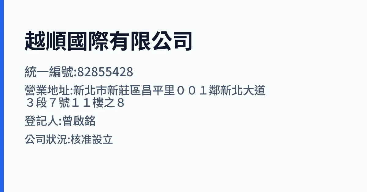 越順國際有限公司 - 統編 82855428(臺北市) 公司登記資料與營業項目詳細圖表