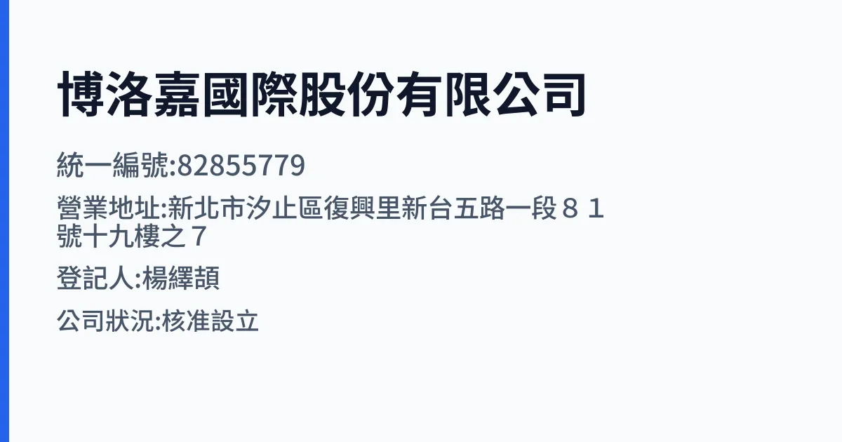 博洛嘉國際股份有限公司 - 統編 82855779(新北市) 公司登記資料與營業項目詳細圖表