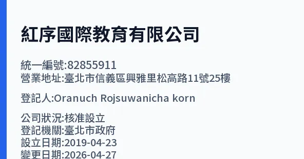 紅序國際教育有限公司的照片-統編 82855911(臺北市) 公司登記資料與營業項目詳細圖表
