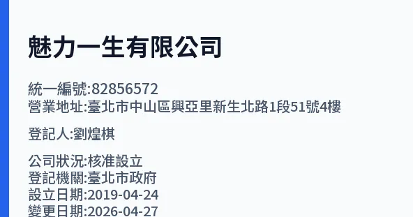 魅力一生有限公司的照片-統編 82856572(臺北市) 公司登記資料與營業項目詳細圖表