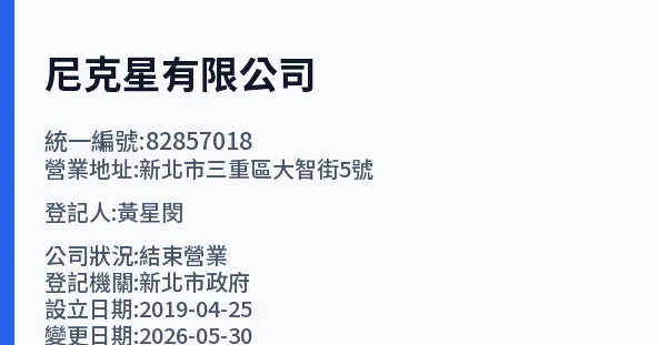 尼克星有限公司的照片-統編 82857018(新北市) 公司登記資料與營業項目詳細圖表