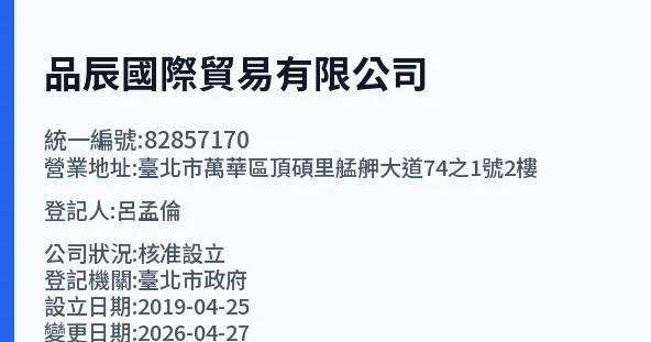 品辰國際貿易有限公司的照片-統編 82857170(臺北市) 公司登記資料與營業項目詳細圖表