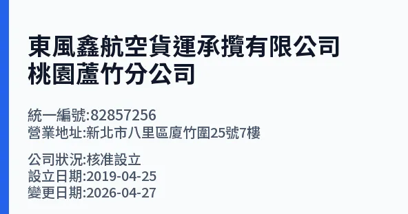 東風鑫航空貨運承攬有限公司桃園蘆竹分公司的照片-統編 82857256(新北市) 公司登記資料與營業項目詳細圖表