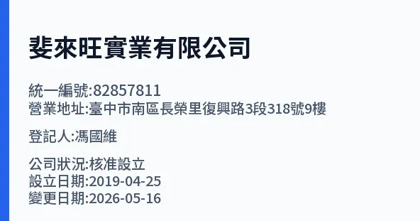 斐來旺實業有限公司的照片-統編 82857811(臺中市) 公司登記資料與營業項目詳細圖表