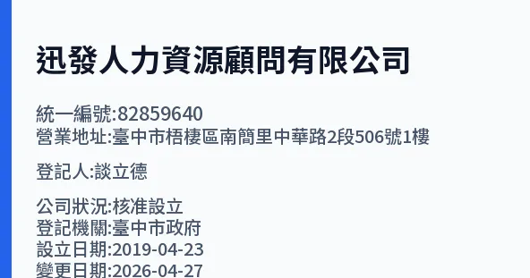 迅發人力資源顧問有限公司的照片-統編 82859640(臺中市) 公司登記資料與營業項目詳細圖表