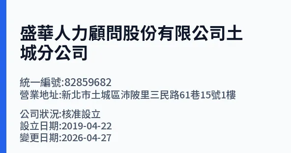 盛華人力顧問股份有限公司土城分公司的照片-統編 82859682(新北市) 公司登記資料與營業項目詳細圖表