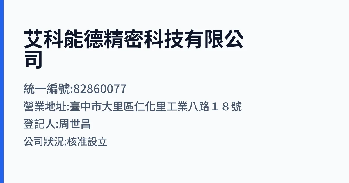 艾科能德精密科技有限公司 - 統編 82860077(臺中市) 公司登記資料與營業項目詳細圖表