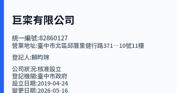 巨寀有限公司的照片-統編 82860127(臺中市) 公司登記資料與營業項目詳細圖表