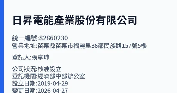日昇電能產業股份有限公司的照片-統編 82860230(苗栗縣) 公司登記資料與營業項目詳細圖表