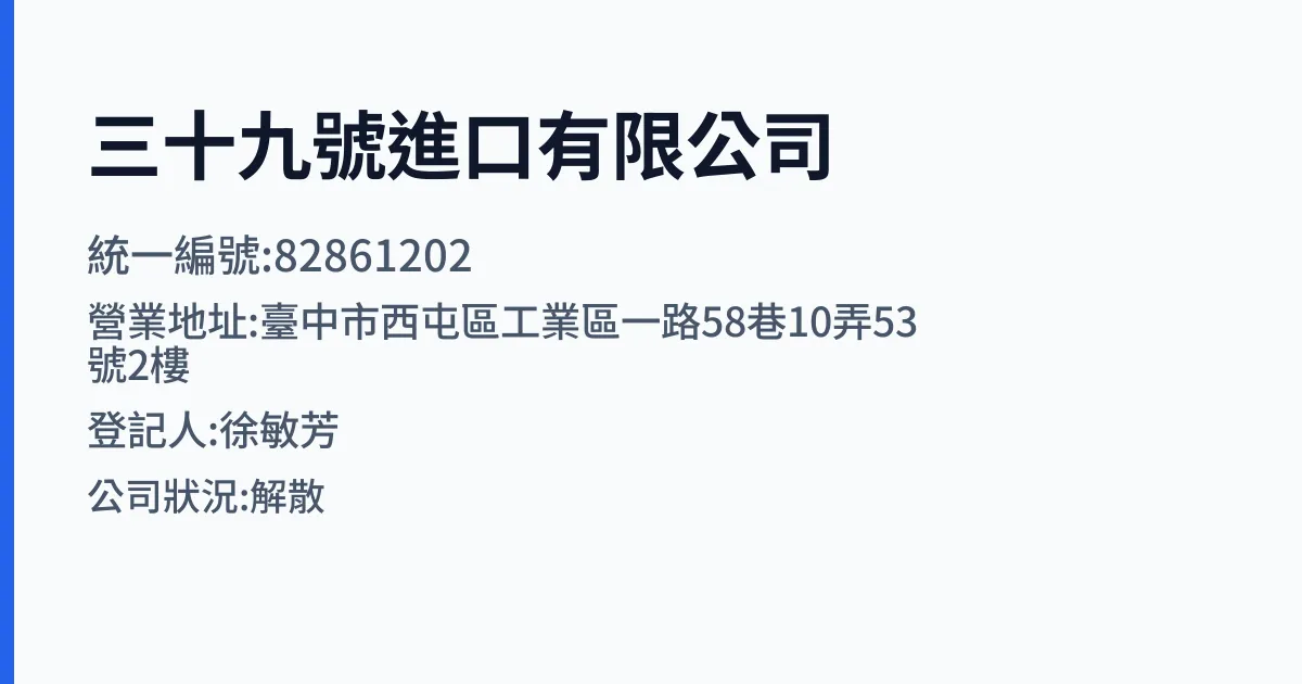 三十九號進口有限公司 - 統編 82861202(臺中市) 公司登記資料與營業項目詳細圖表