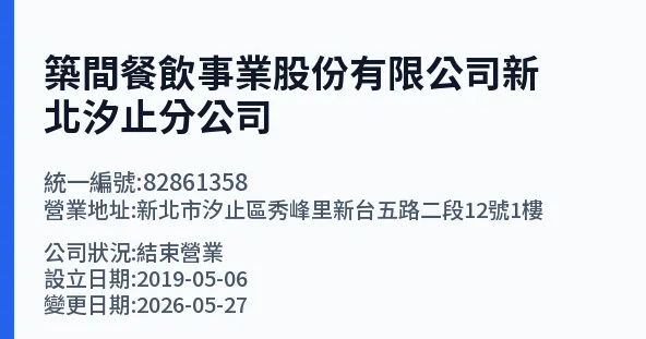 築間餐飲事業股份有限公司新北汐止分公司的照片-統編 82861358(新北市) 公司登記資料與營業項目詳細圖表
