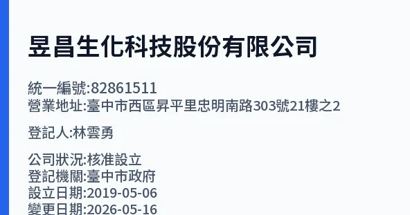 昱昌生化科技股份有限公司的照片-統編 82861511(臺中市) 公司登記資料與營業項目詳細圖表