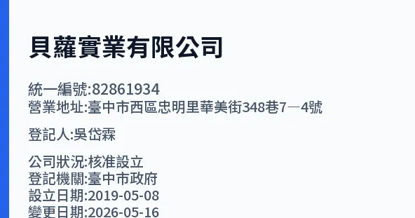貝蘿實業有限公司的照片-統編 82861934(臺中市) 公司登記資料與營業項目詳細圖表