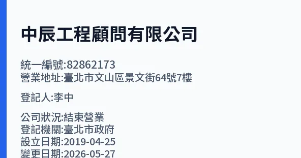 中辰工程顧問有限公司的照片-統編 82862173(臺北市) 公司登記資料與營業項目詳細圖表