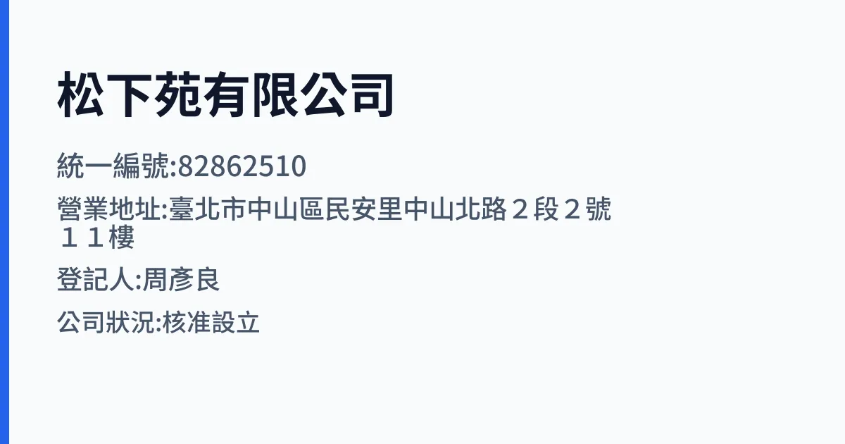 松下苑有限公司 - 統編 82862510(臺北市) 公司登記資料與營業項目詳細圖表
