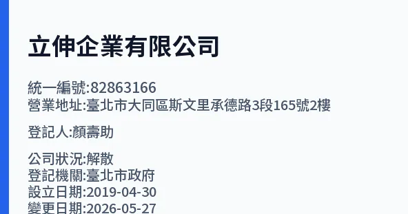 立伸企業有限公司的照片-統編 82863166(臺北市) 公司登記資料與營業項目詳細圖表