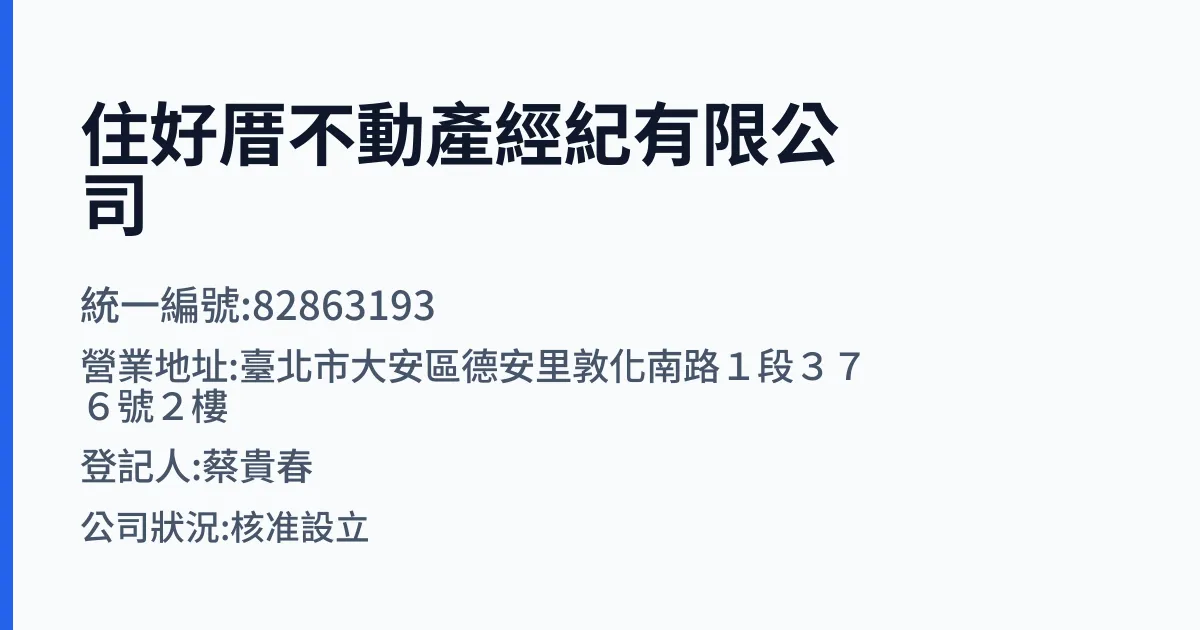 住好厝不動產經紀有限公司 - 統編 82863193(臺北市) 公司登記資料與營業項目詳細圖表