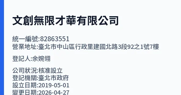 文創無限才華有限公司的照片-統編 82863551(臺北市) 公司登記資料與營業項目詳細圖表