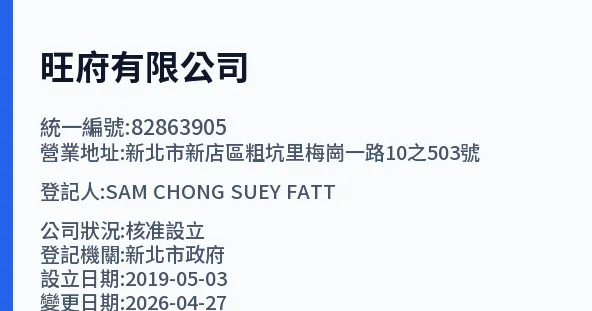旺府有限公司的照片-統編 82863905(新北市) 公司登記資料與營業項目詳細圖表