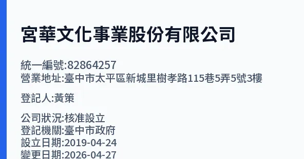 宮華文化事業股份有限公司的照片-統編 82864257(臺中市) 公司登記資料與營業項目詳細圖表