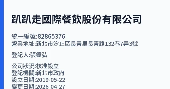 趴趴走國際餐飲股份有限公司的照片-統編 82865376(新北市) 公司登記資料與營業項目詳細圖表