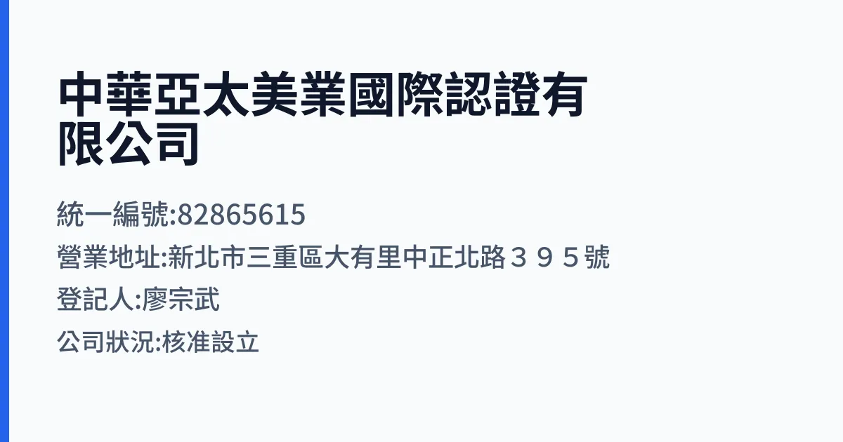 中華亞太美業國際認證有限公司 - 統編 82865615(新北市) 公司登記資料與營業項目詳細圖表
