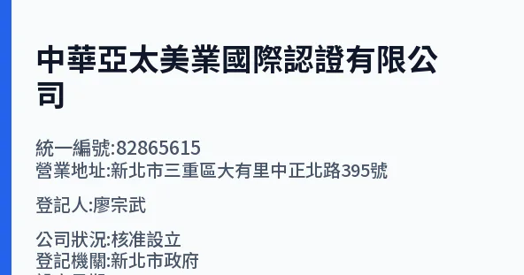 中華亞太美業國際認證有限公司的照片-統編 82865615(新北市) 公司登記資料與營業項目詳細圖表