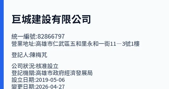 巨城建設有限公司的照片-統編 82866797(高雄市) 公司登記資料與營業項目詳細圖表
