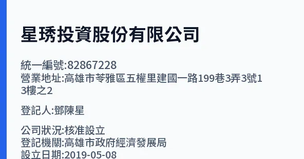 星琇投資股份有限公司的照片-統編 82867228(高雄市) 公司登記資料與營業項目詳細圖表