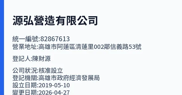 源弘營造有限公司的照片-統編 82867613(高雄市) 公司登記資料與營業項目詳細圖表