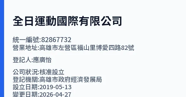 全日運動國際有限公司的照片-統編 82867732(高雄市) 公司登記資料與營業項目詳細圖表