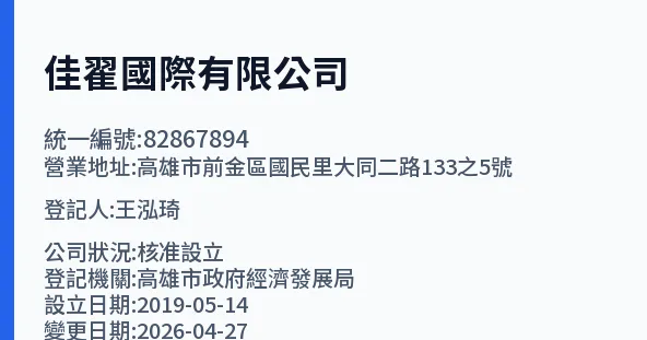佳翟國際有限公司的照片-統編 82867894(高雄市) 公司登記資料與營業項目詳細圖表