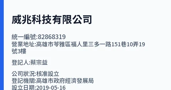 威兆科技有限公司的照片-統編 82868319(高雄市) 公司登記資料與營業項目詳細圖表