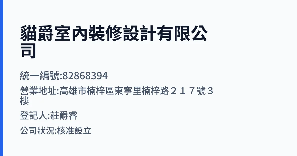 貓爵室內裝修設計有限公司 - 統編 82868394(高雄市) 公司登記資料與營業項目詳細圖表