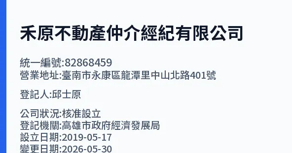 禾原不動產仲介經紀有限公司的照片-統編 82868459(臺南市) 公司登記資料與營業項目詳細圖表