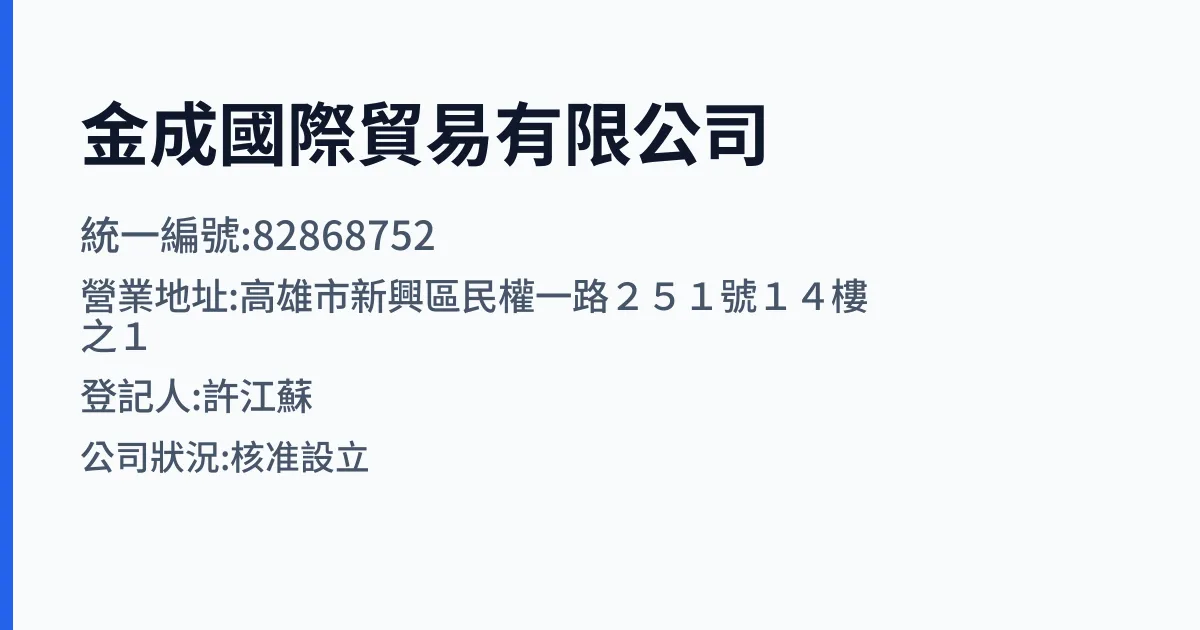 金成國際貿易有限公司 - 統編 82868752(高雄市) 公司登記資料與營業項目詳細圖表