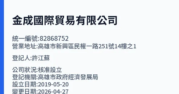 金成國際貿易有限公司的照片-統編 82868752(高雄市) 公司登記資料與營業項目詳細圖表