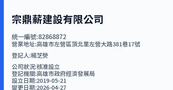 宗鼎薪建設有限公司的照片-統編 82868872(高雄市) 公司登記資料與營業項目詳細圖表