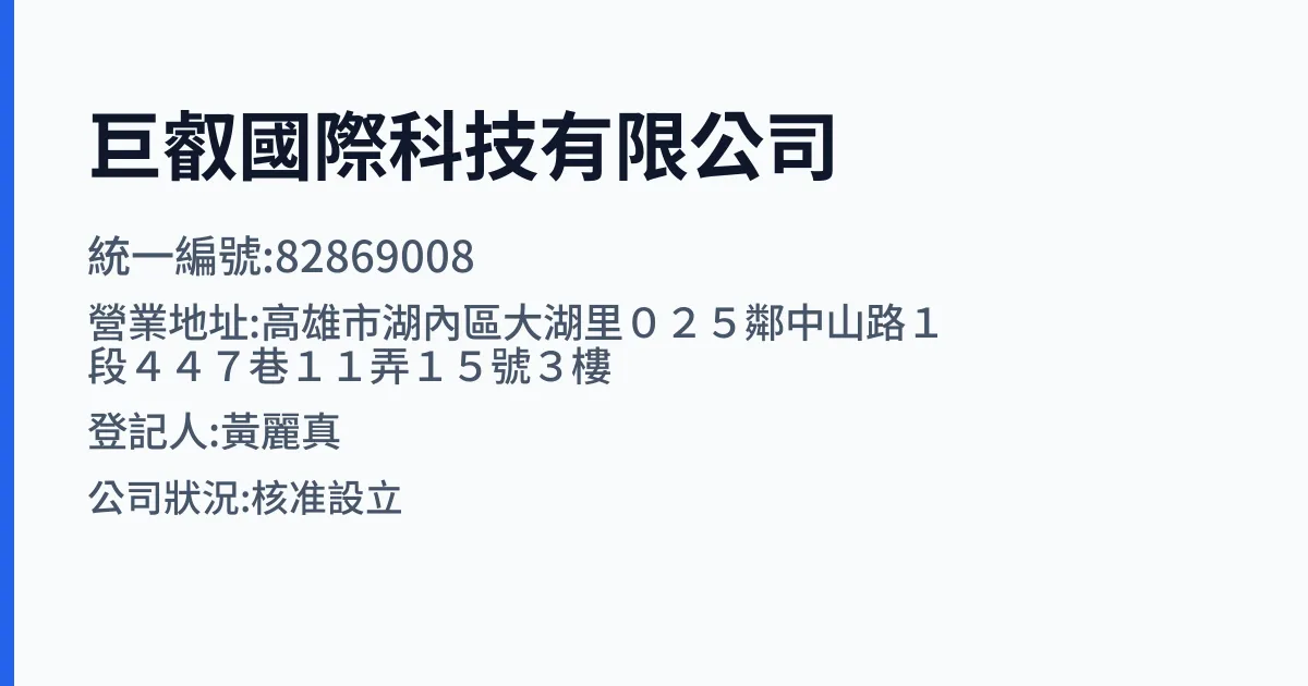 巨叡國際科技有限公司 - 統編 82869008(高雄市) 公司登記資料與營業項目詳細圖表