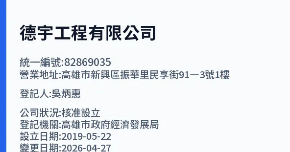 德宇工程有限公司的照片-統編 82869035(高雄市) 公司登記資料與營業項目詳細圖表